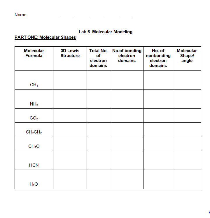 Solved Name Lab 6 Molecular Modeling PART ONE: Molecular | Chegg.com