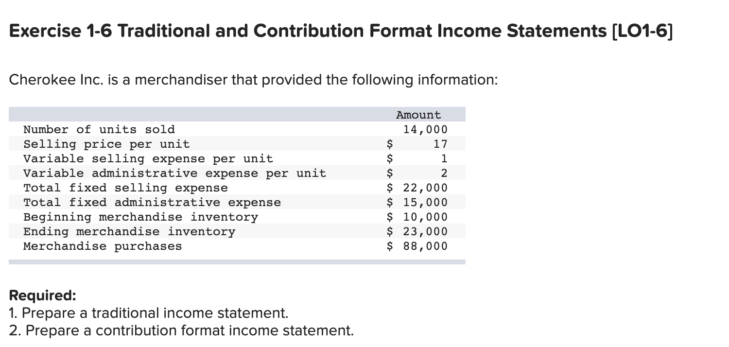 Solved Exercise 1-6 Traditional and Contribution Format | Chegg.com