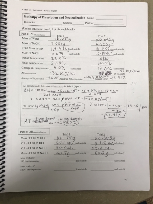 CHEM 121t Lab Manual Revised05/2017 Enthalpy of | Chegg.com