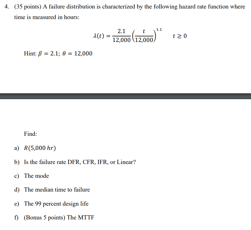 (35 points) A failure distribution is characterized | Chegg.com