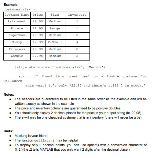 Function Name: aber zombie Inputs: 1. (char) The name | Chegg.com