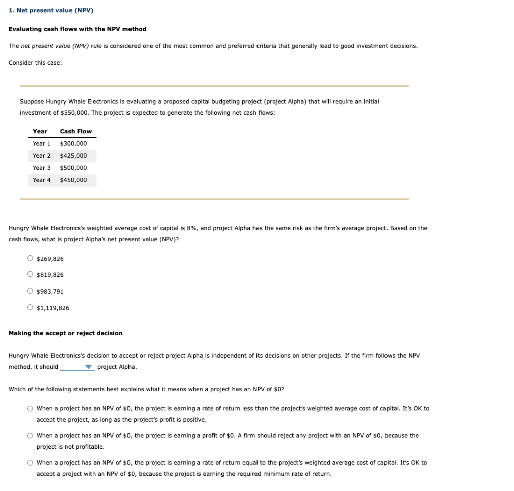 Solved 1. Net present value (NPV) Evaluating cash flows with | Chegg.com