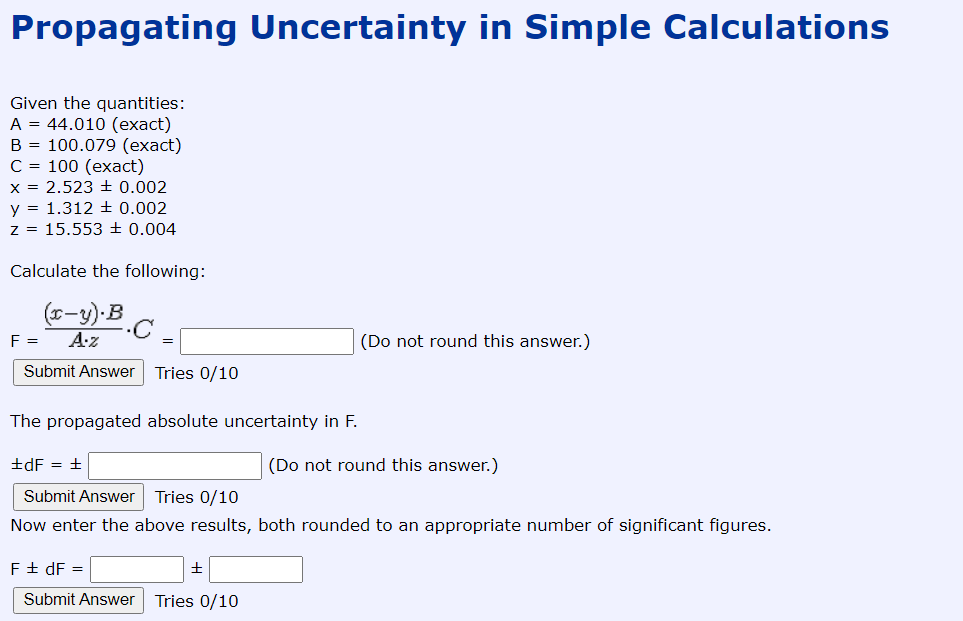 Solved Propagating Uncertainty in Simple Calculations Given | Chegg.com