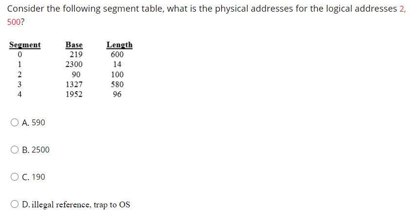 Solved Consider the following segment table, what is the | Chegg.com