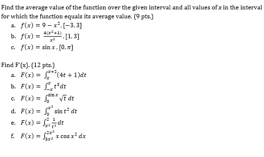 Solved Find the average value of the function over the given | Chegg.com