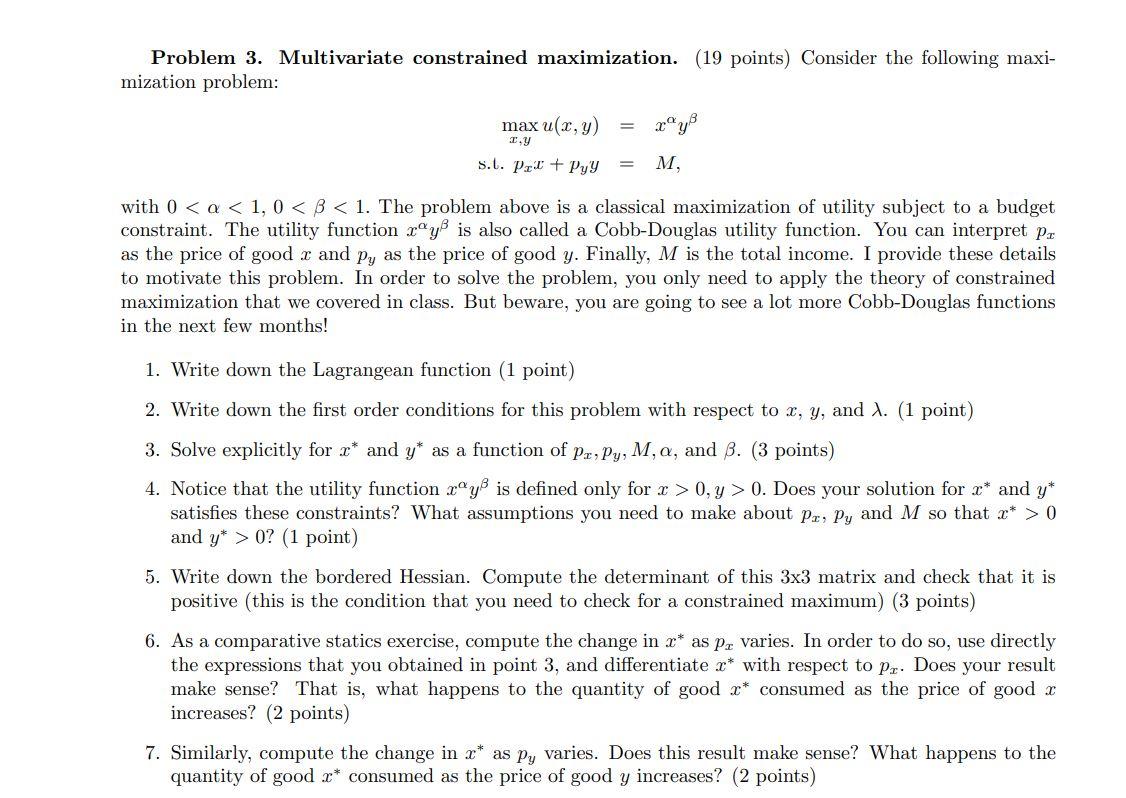 Solved Problem 3. Multivariate constrained maximization. (19 | Chegg.com