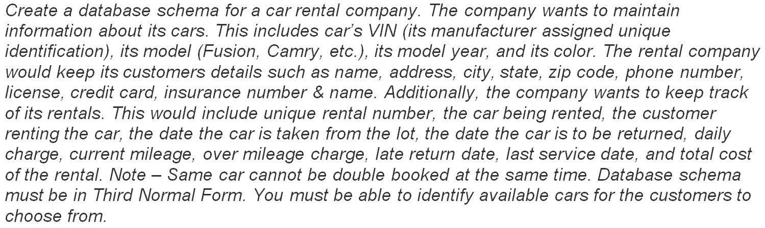 Solved Create a database schema for a car rental company. | Chegg.com