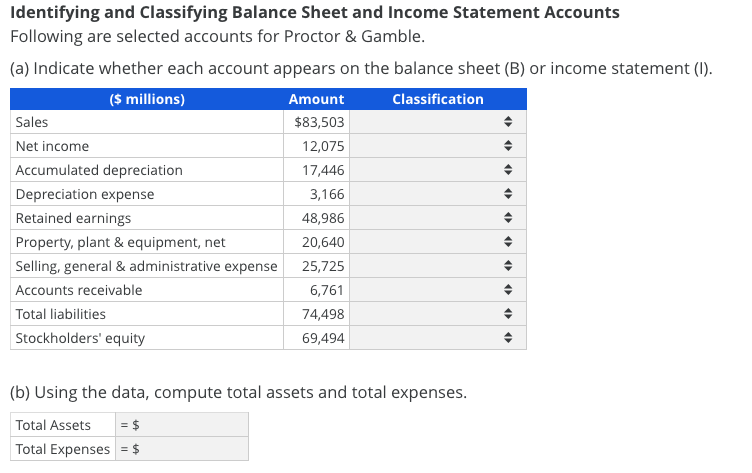 Solved Identifying and Classifying Balance Sheet and Income | Chegg.com