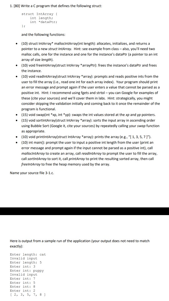 Solved 1. [80] Write a C program that defines the following | Chegg.com
