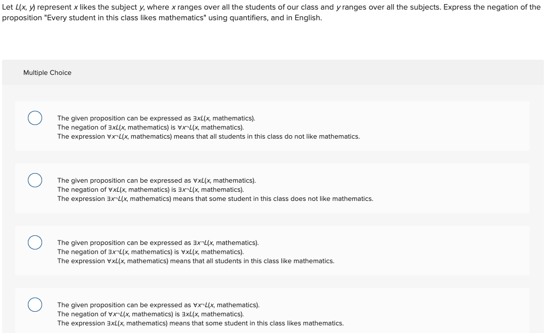 Solved Let L(x, y) represent x likes the subject y, where x | Chegg.com