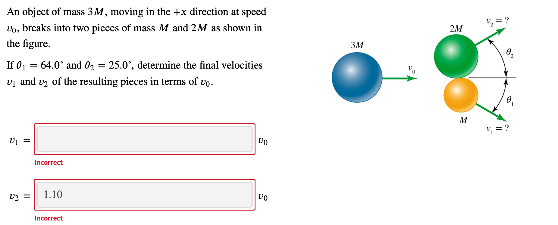 Solved An object of mass 3𝑀, moving in the +𝑥 direction at | Chegg.com