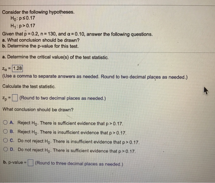 Solved Consider the following hypotheses. Ho: pso.17 | Chegg.com