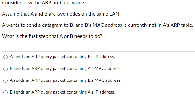 Solved Consider how the ARP protocol works. Assume that A | Chegg.com