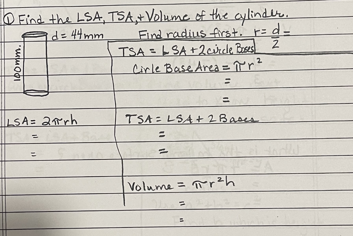 Solved (1) Find the LSA, TSA, + Volume of the cylinder.(2) | Chegg.com