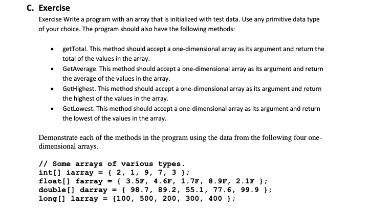 Write Program Array Initialized Test Data Program Use Four Array Types Int Float Double Lo