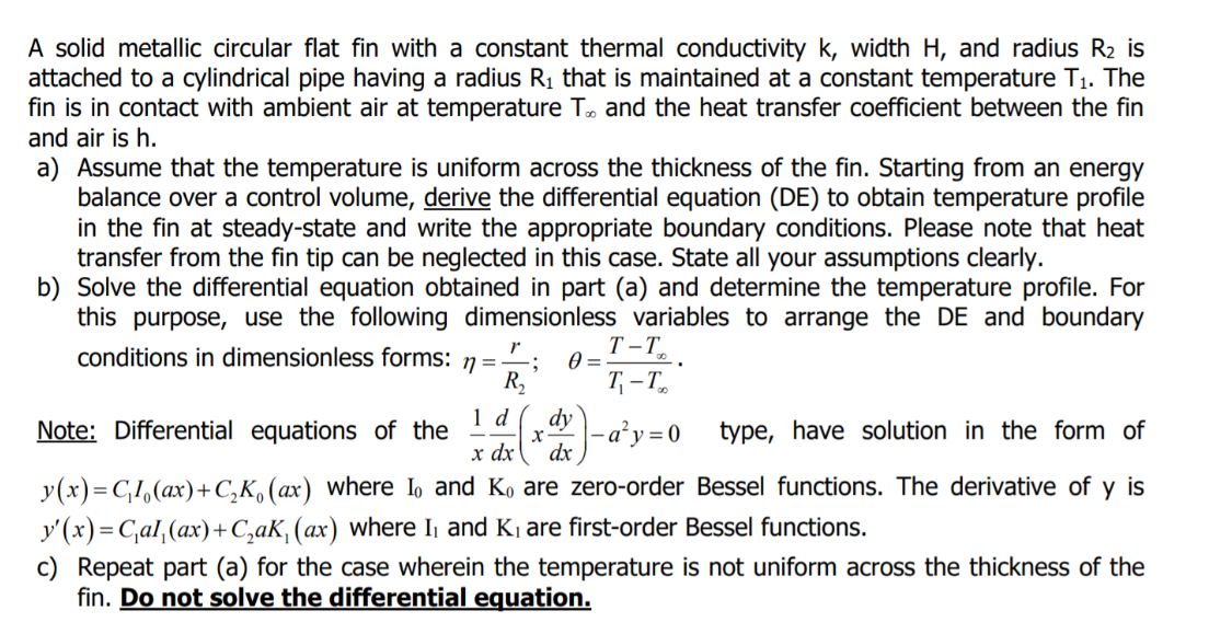Solved A solid metallic circular flat fin with a constant | Chegg.com