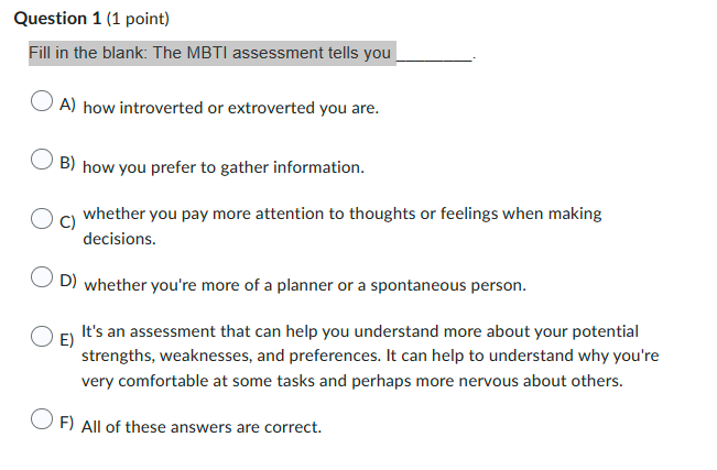 Solved Fill in the blank: The MBTI assessment tells you A) | Chegg.com