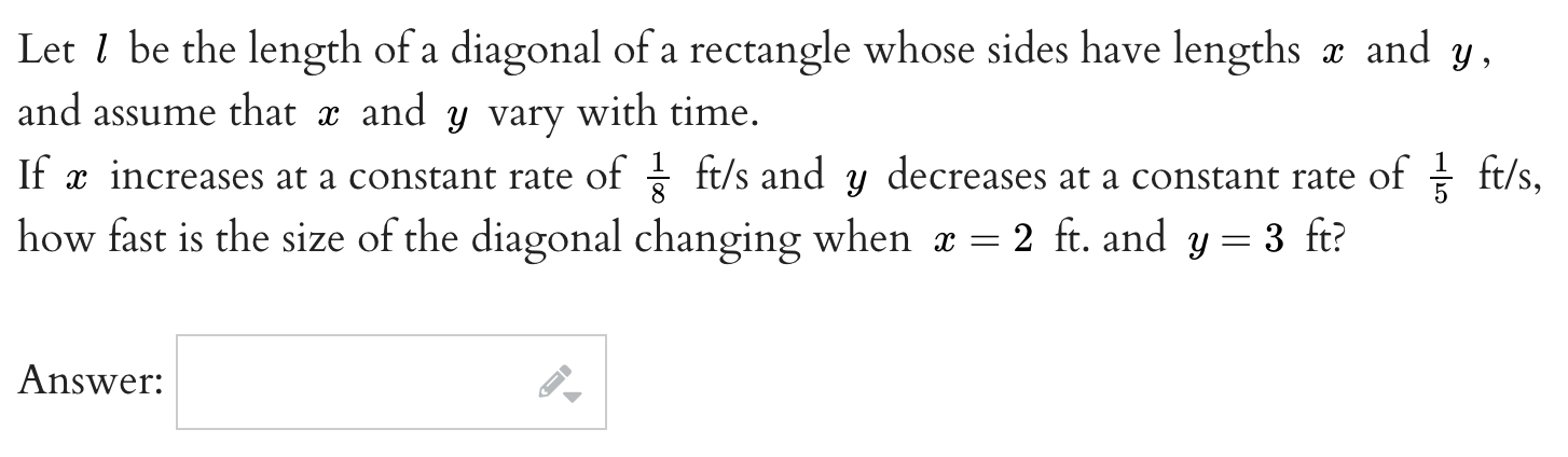 Solved Let l ﻿be the length of a diagonal of a rectangle | Chegg.com