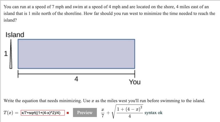 Solved You can run at a speed of 7 mph and swim at a speed | Chegg.com