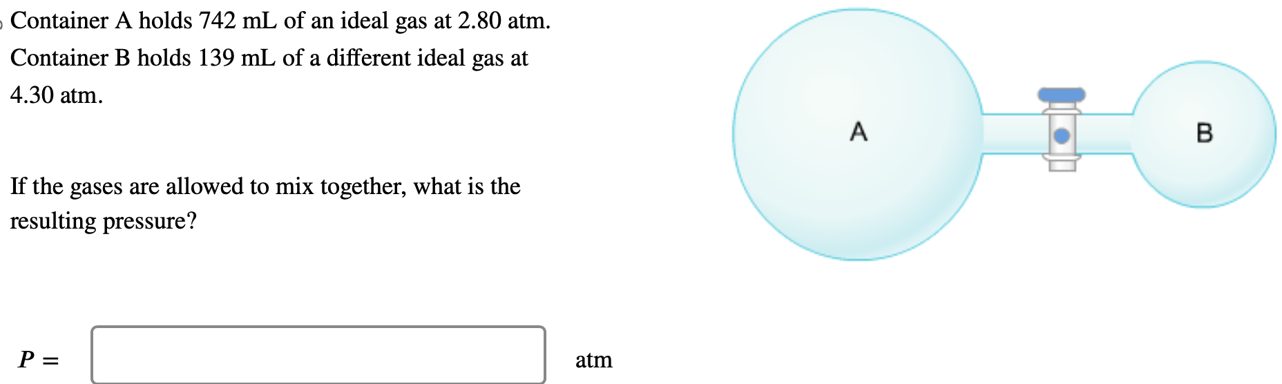 Solved Container B holds 139 mL of a different 1deal gas at | Chegg.com