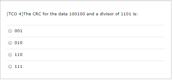 Solved (TCO 4)The CRC for the data 100100 and a divisor of | Chegg.com