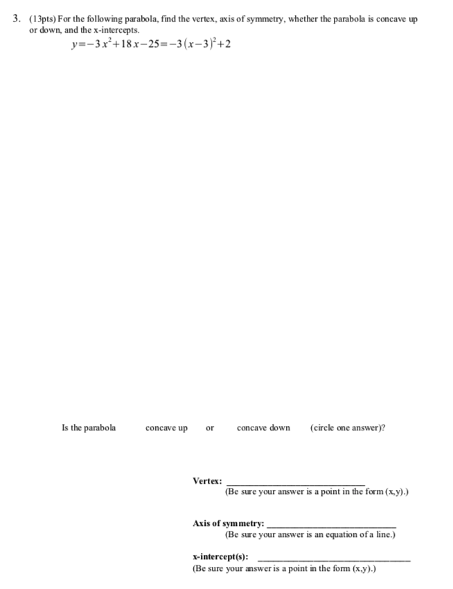 Solved 3. (13pts) For the following parabola, find the | Chegg.com