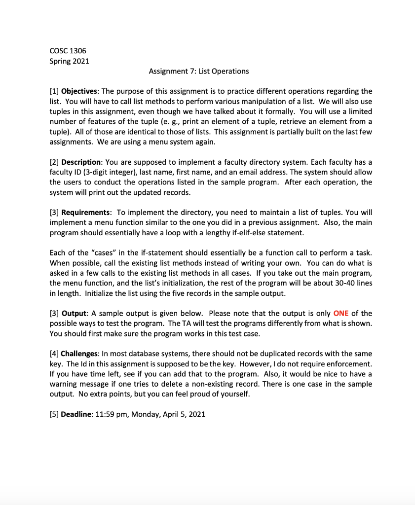 Solved COSC 1306 Spring 2021 Assignment 7: List Operations | Chegg.com