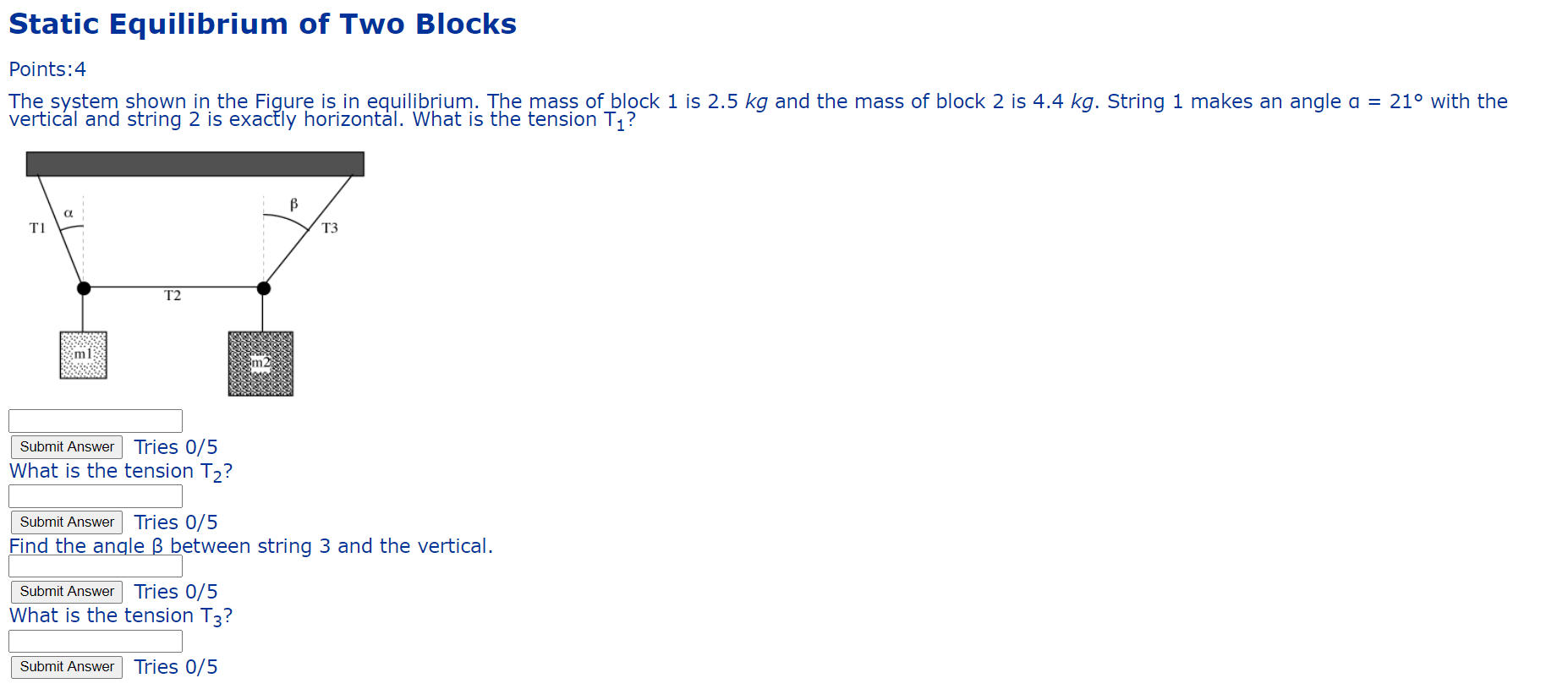 Solved Static Equilibrium of Two Blocks Points:4 The system | Chegg.com