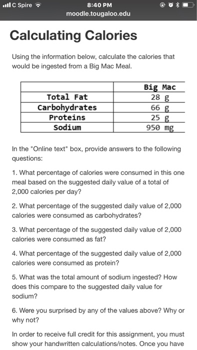 Solved 8:40 PM moodle.tougaloo.edu Calculating Calories | Chegg.com