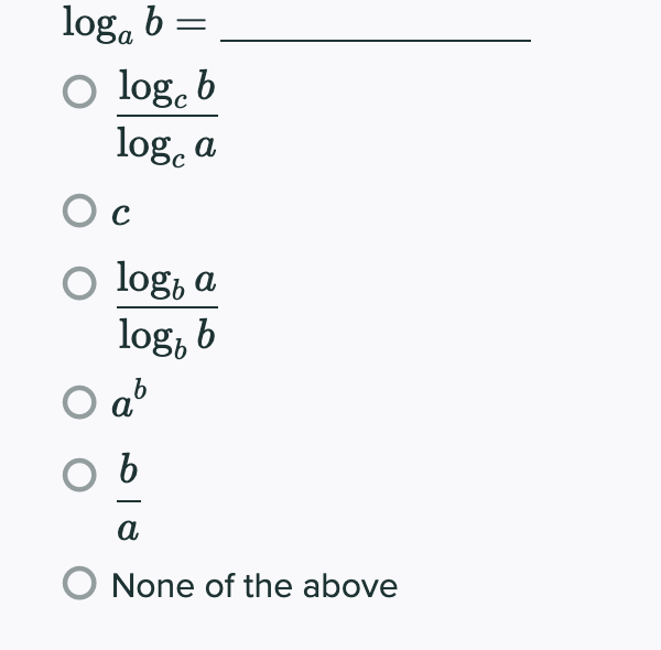 Solved log, b = O logcb log, a с O logo a log, b O ab b 1 a | Chegg.com