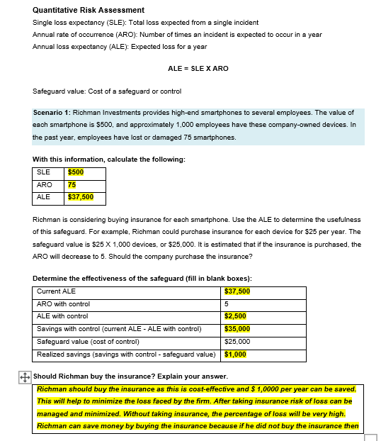 Quantitative Risk Assessment Single loss expectancy | Chegg.com