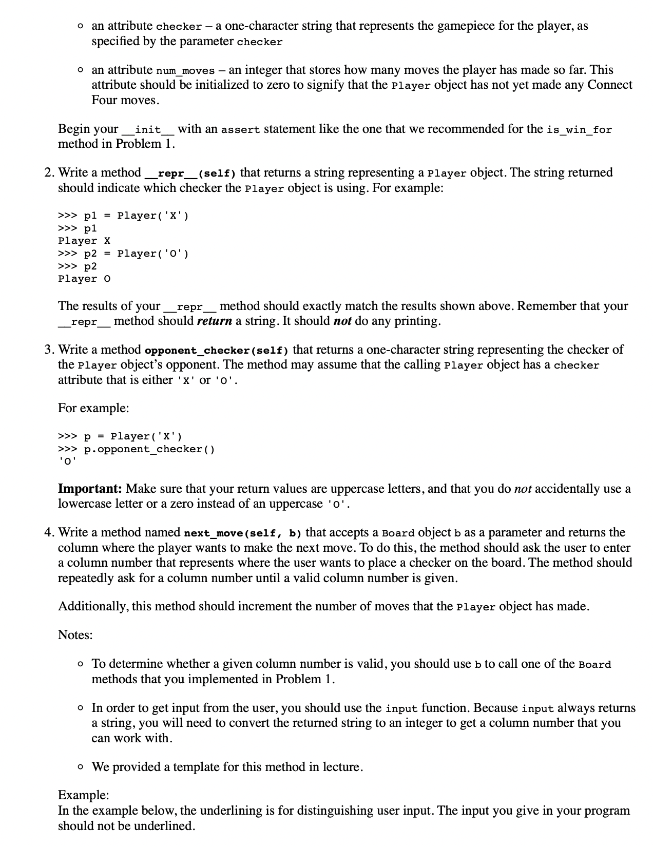 Solved Problem 2: A Connect Four Player class 25 points; | Chegg.com