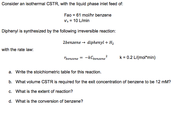 Solved Consider an isothermal CSTR, with the liquid phase | Chegg.com