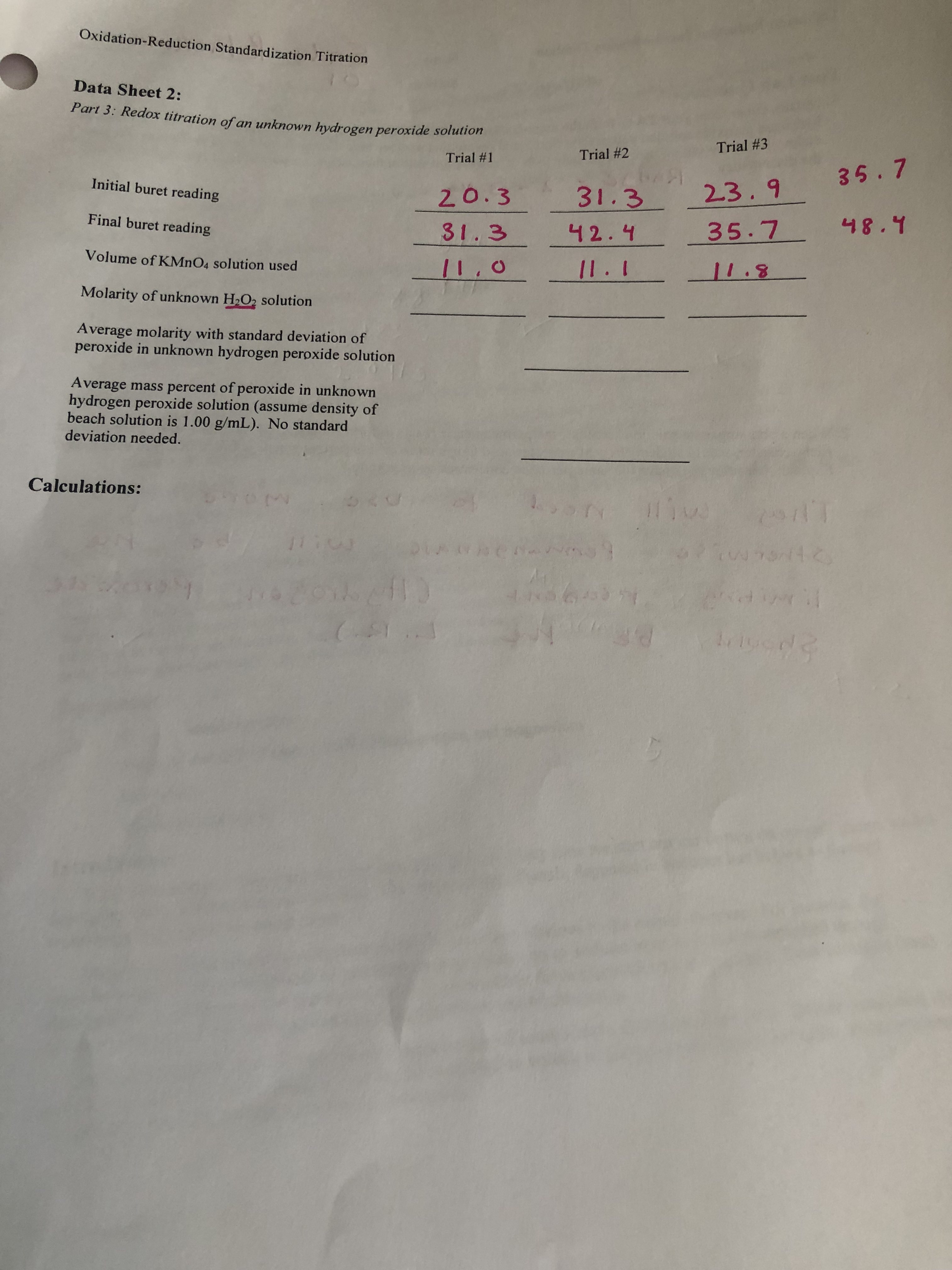 Oxidation-Reduction Standardization Titration Data | Chegg.com