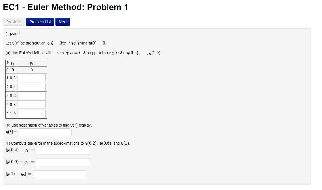 Solved Ec1 Euler Method Problem 1 Previous Problem List 5701
