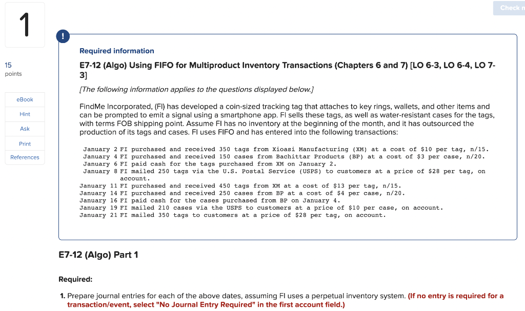Solved Required information E7-12 (Algo) Using FIFO for | Chegg.com