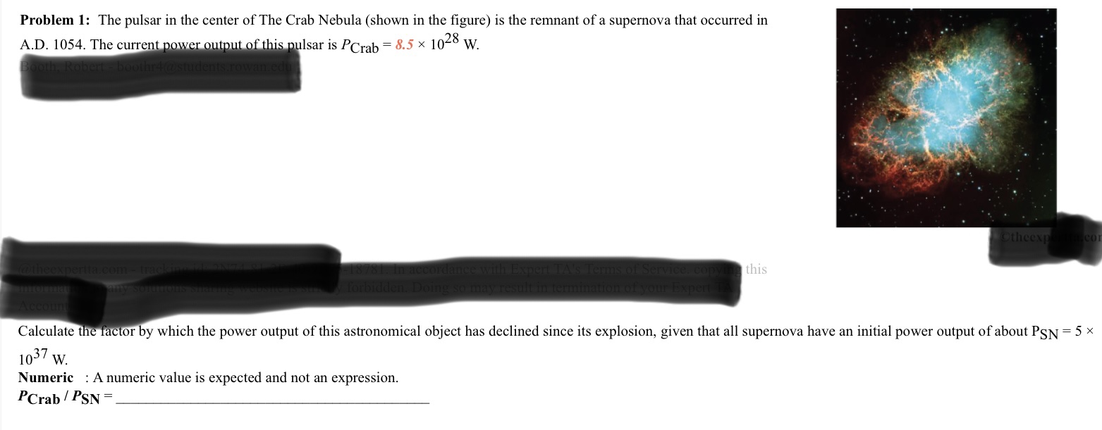 Solved Problem 1: The pulsar in the center of The Crab | Chegg.com
