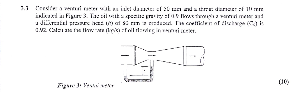 Solved Consider a venturi meter with an inlet diameter of 50 | Chegg.com