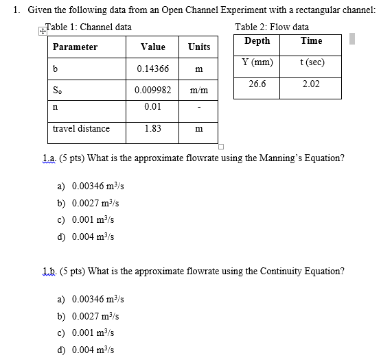 Solved 1. Given the following data from an Open Channel | Chegg.com