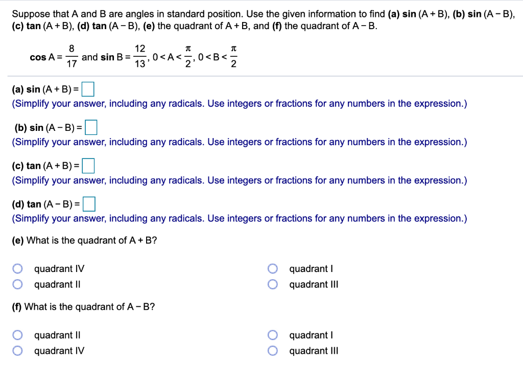 Solved Suppose that A and B are angles in standard position. | Chegg.com