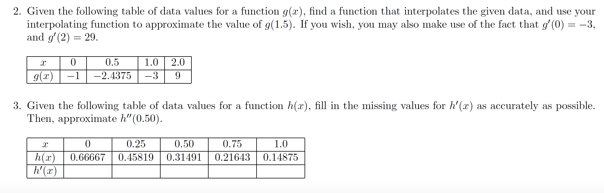 Solved 2. Given the following table of data values for a | Chegg.com