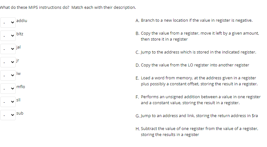 Solved What do these MIPS instructions do? Match each with | Chegg.com