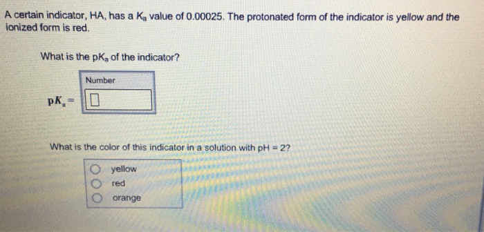 Solved A certain indicator, HA, has a Ka value of 0.00025. | Chegg.com