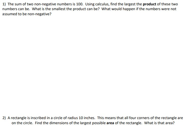 Solved 1) The sum of two non-negative numbers is 100. Using | Chegg.com