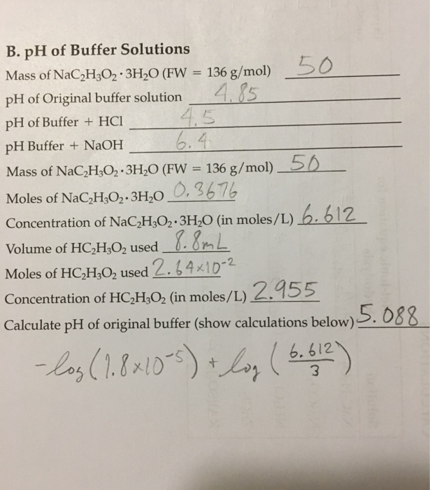 Solved B. pH of Buffer Solutions Mass of NaC2H302.3H2O (FW | Chegg.com