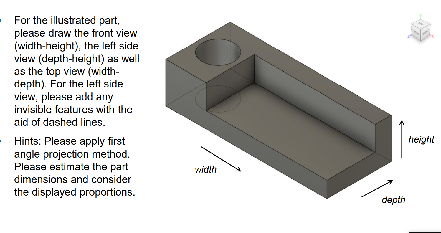 Solved For the illustrated part, please draw the front view | Chegg.com