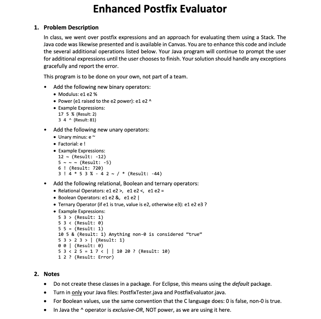 Solved Enhanced Postfix Evaluator 1. Problem Description In | Chegg.com