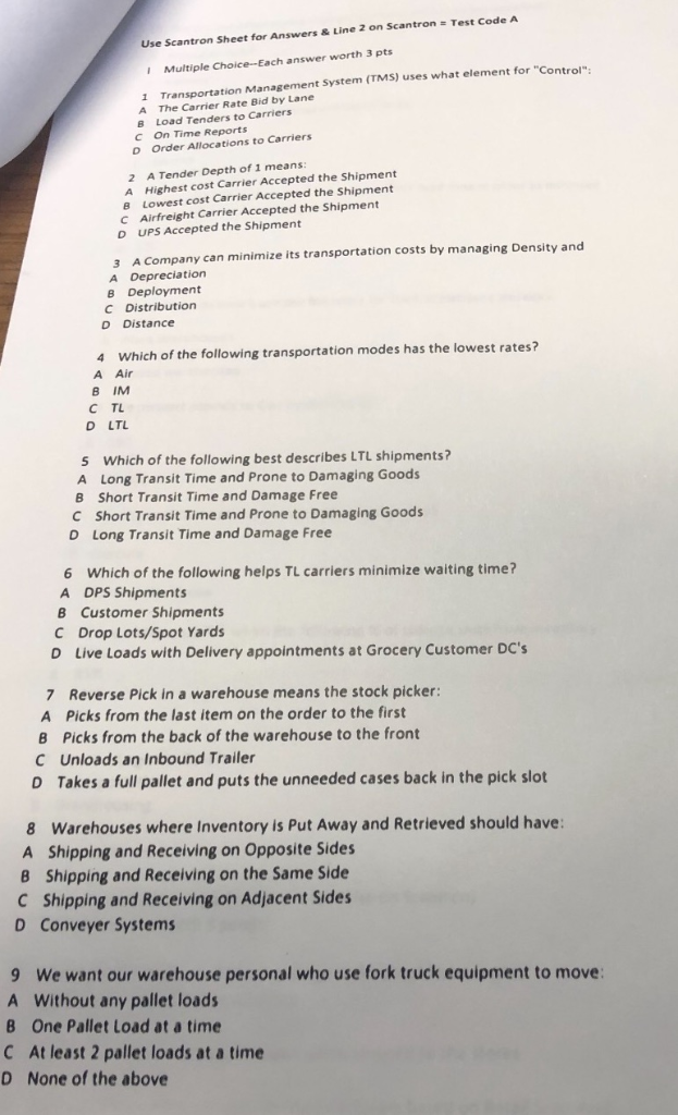 Solved Test C ode A Use Scantron Sheet for Answers & Line 2 | Chegg.com