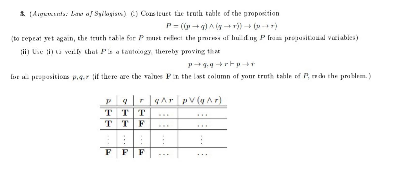 Solved 3. (Arguments: Law of Syllogism). (i) Construct the | Chegg.com
