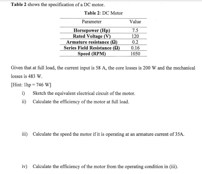 Solved Table 2 ﻿shows the specification of a DC motor.Table | Chegg.com